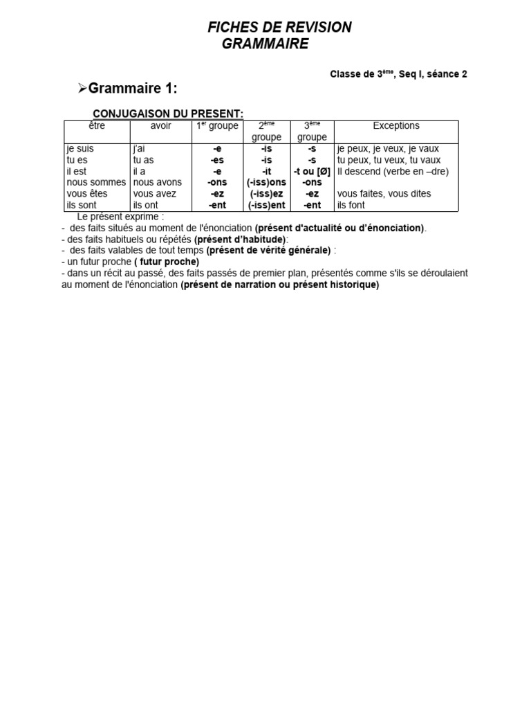 Fiche révision Grammaire 1 | PDF