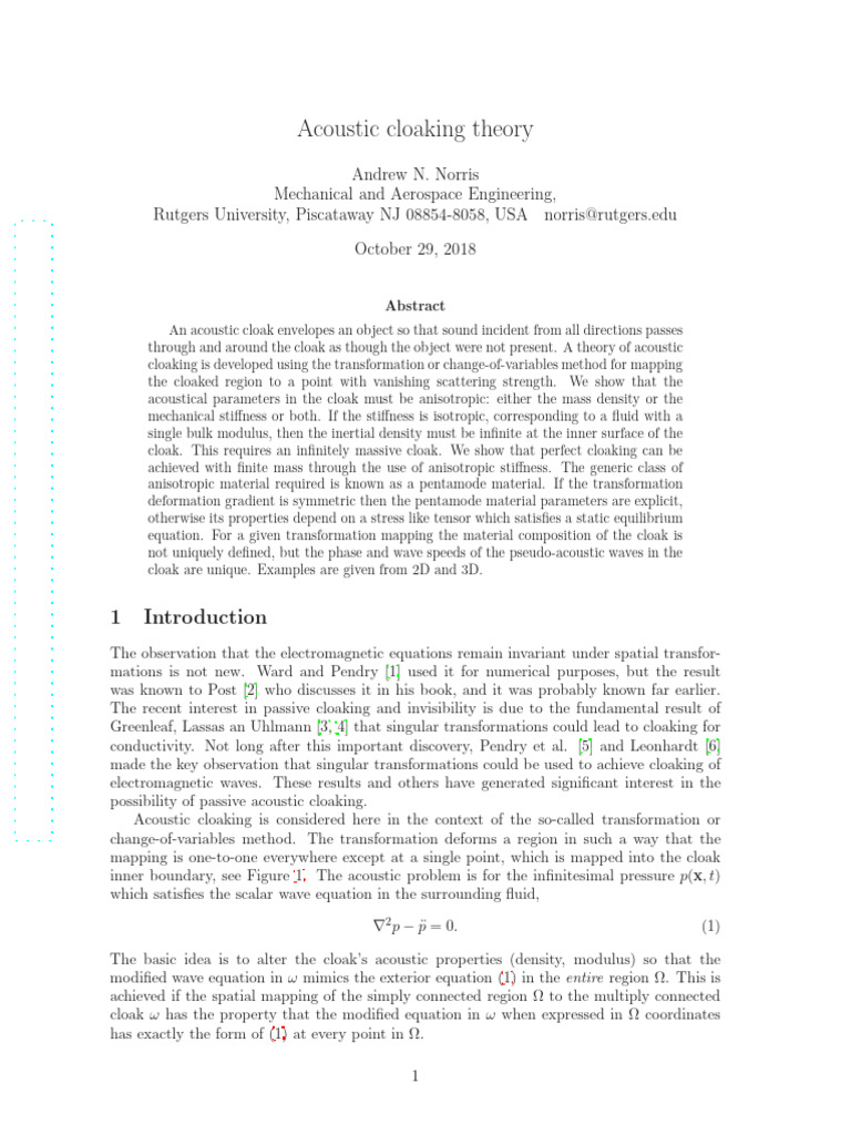 Acoustic Cloaking Theory | PDF | Waves | Science & Mathematics
