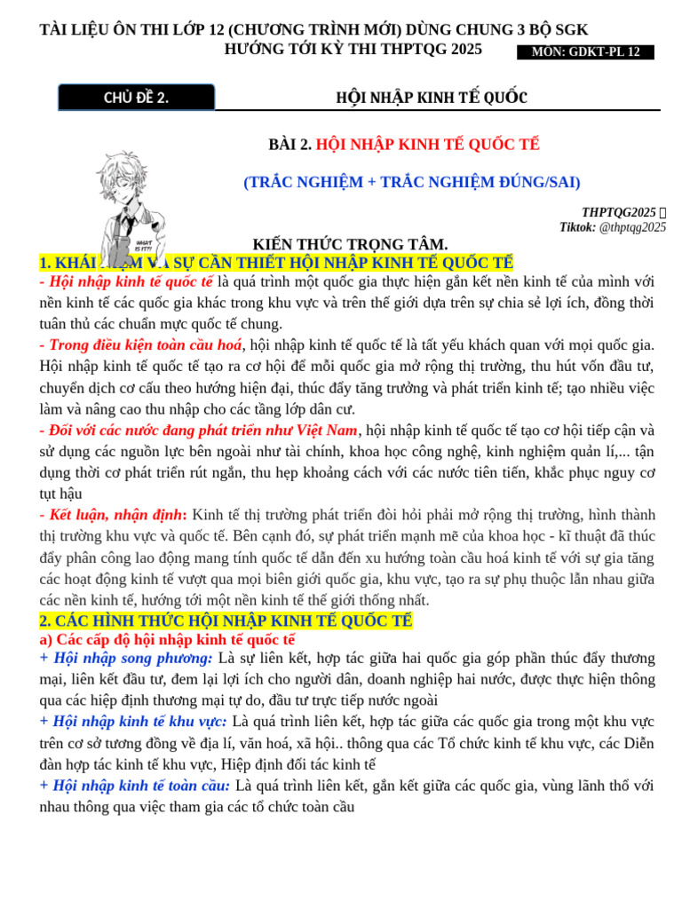 CTST - K12 - Bài 2 - Hội nhập kinh tế quốc tế (BT ĐÚNG SAI) - @thptqg2025 | PDF