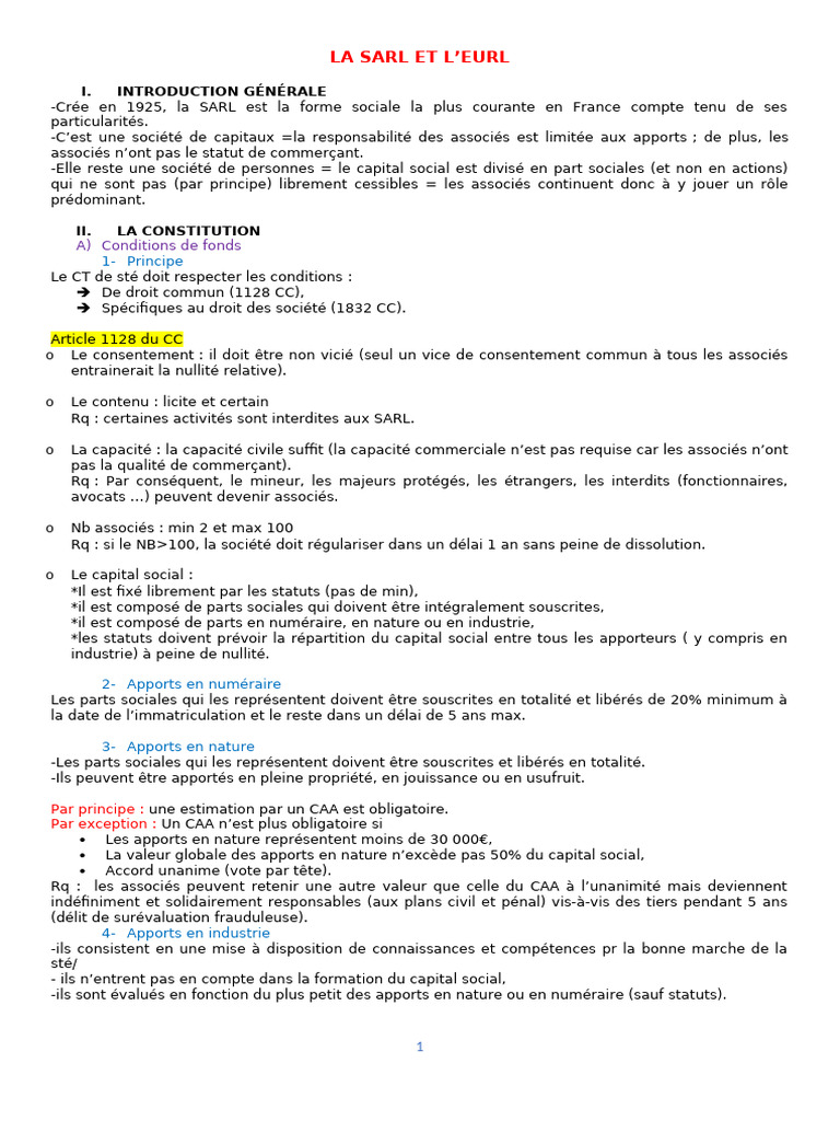 Chap 6 - SARL:EURL | PDF