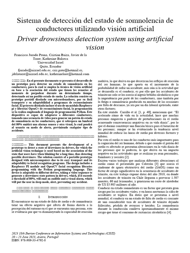Driver Drowsiness Detection System Using Artificial Vision | PDF