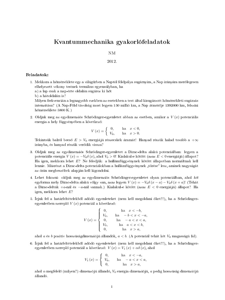 Kvantumfizika Gyakorló Feladatsor (Elte TTK, Fizikus, Fizika Szak) | PDF