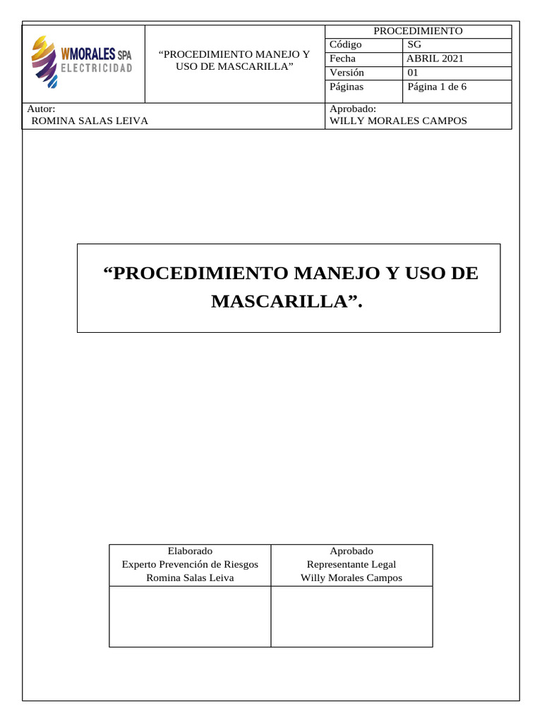 Procedimiento de Uso y Manejo de Mascarilla | PDF