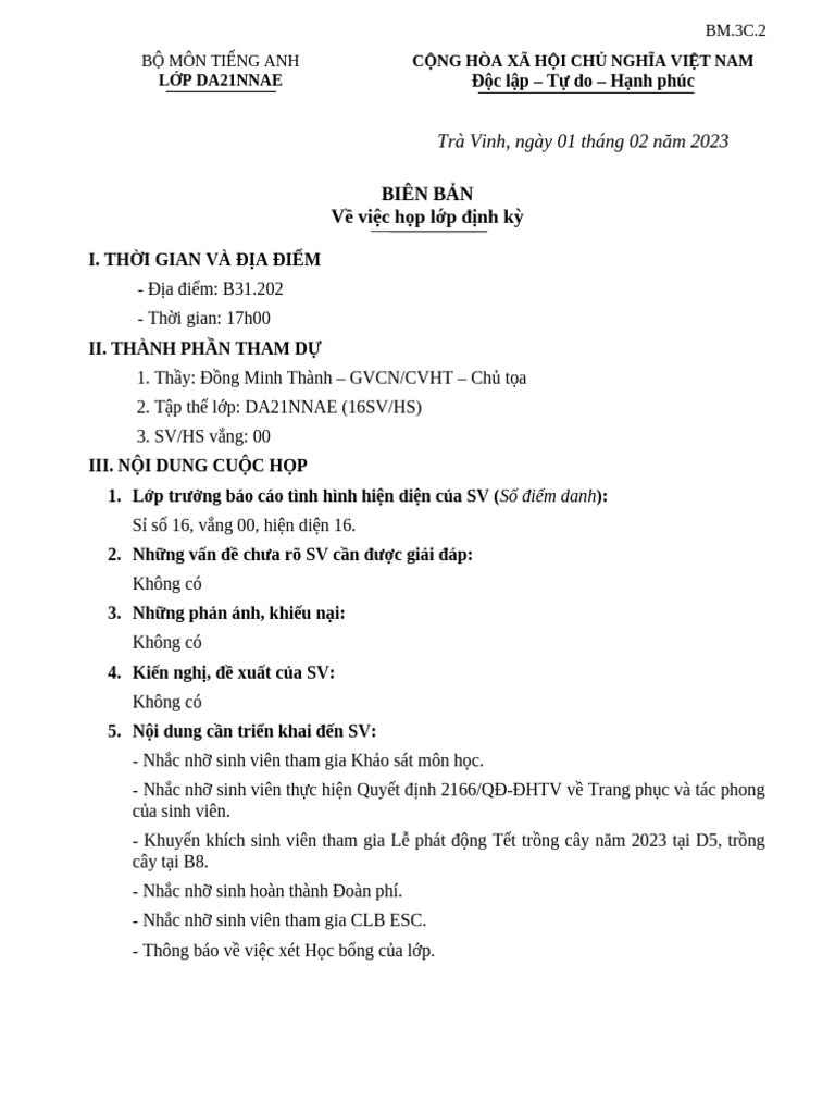 BM.3C.2 (Bien Ban Hop Lop Dinh Ky) - T2 | PDF