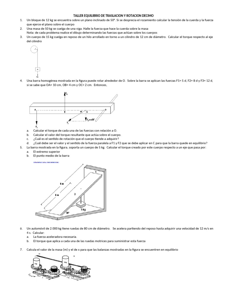Taller Equilibrio de Traslacion y Rotacion Decimo | PDF