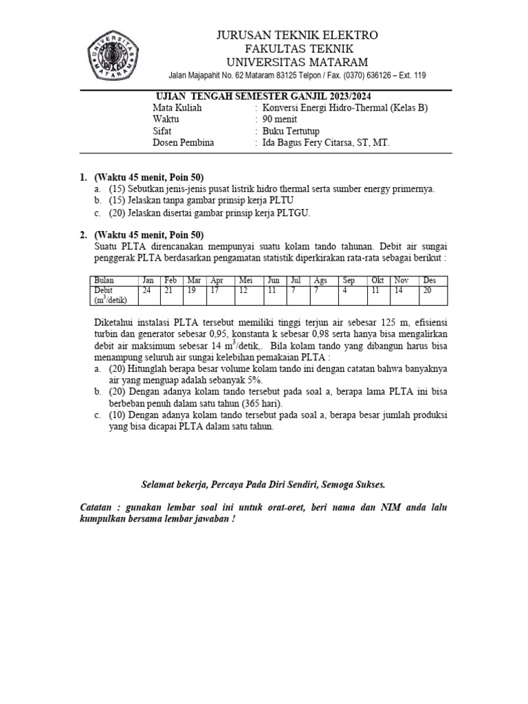 Soal UTS Konversi Energi Hidro-Thermal Kelas B - 2023 - 2024 - Ida Bagus Fery Citarsa | PDF