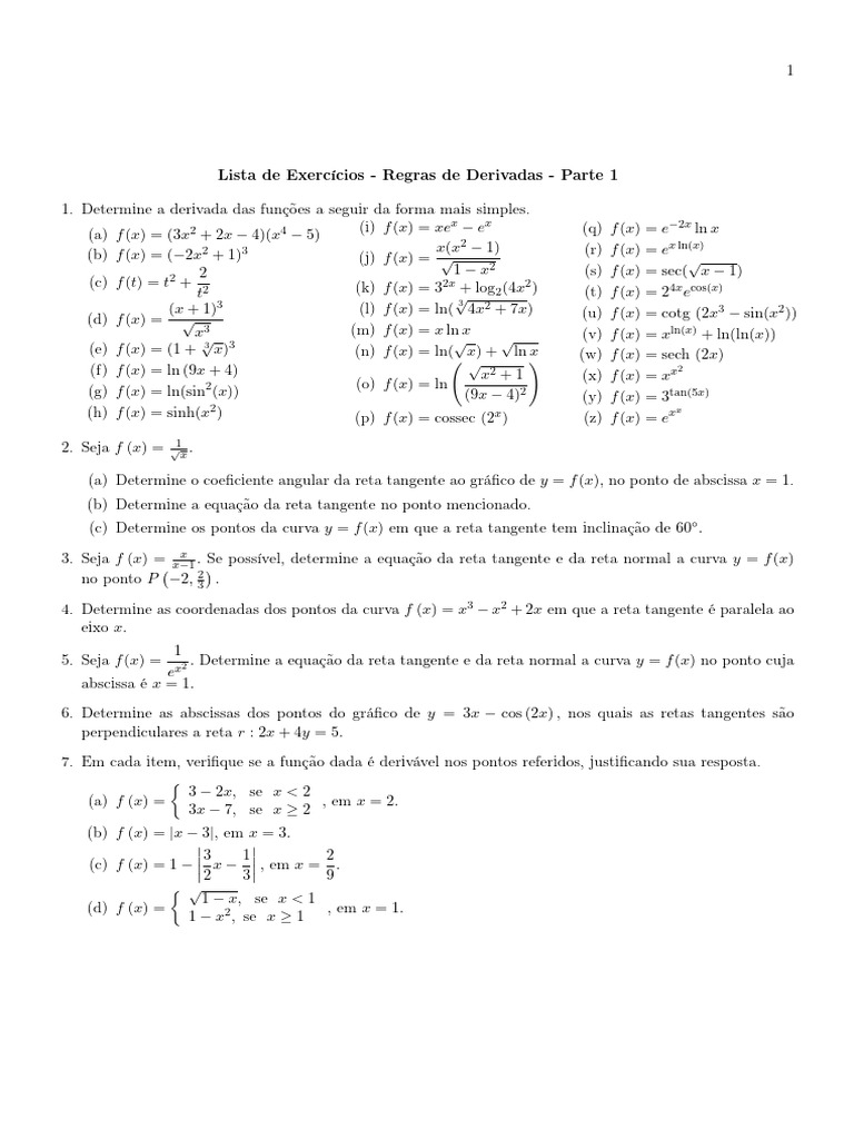 Lista Exerccios Derivadas Parte1 | PDF