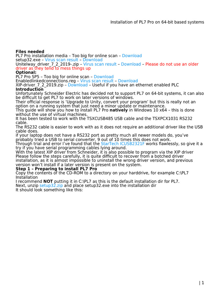 Installation of PL7 Pro on 64-bit based systems | PDF