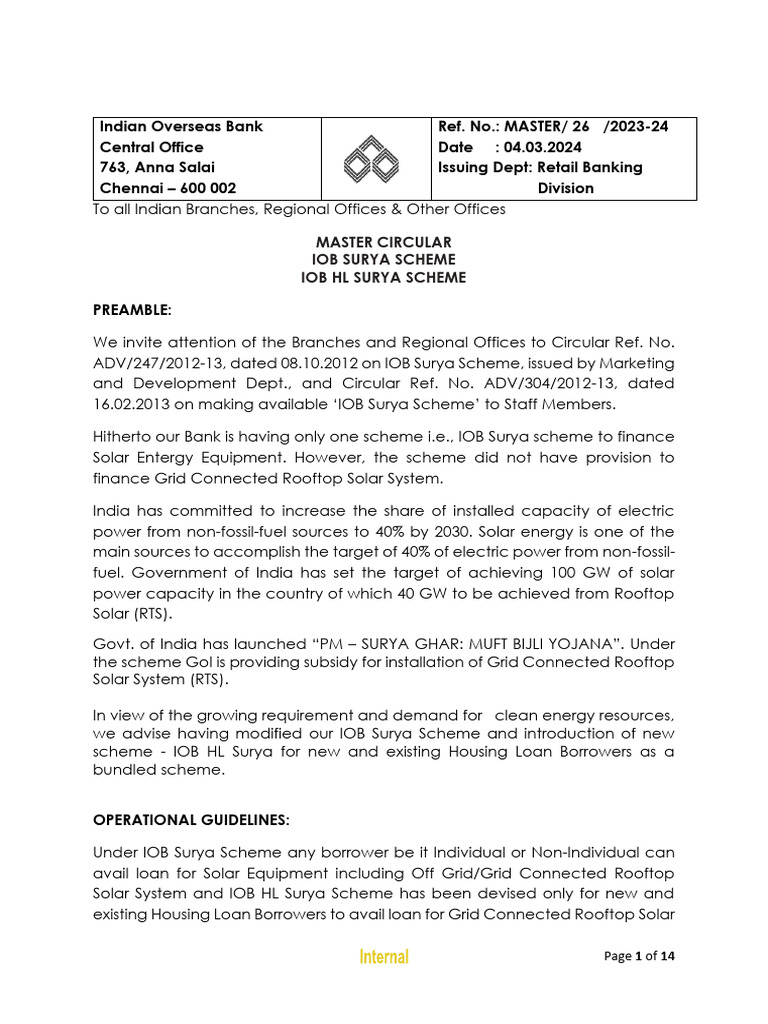 IOB Surya Scheme for Solar Financing | PDF | Loans | Solar Power