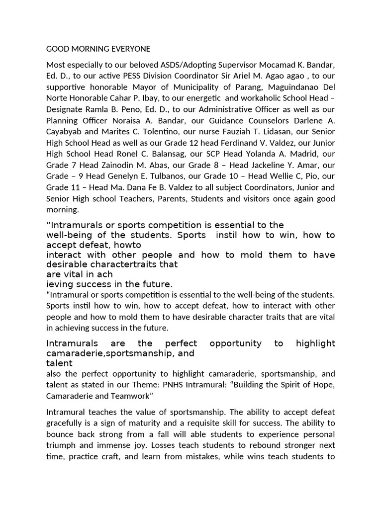 Speech in Intramural of PNHS | PDF