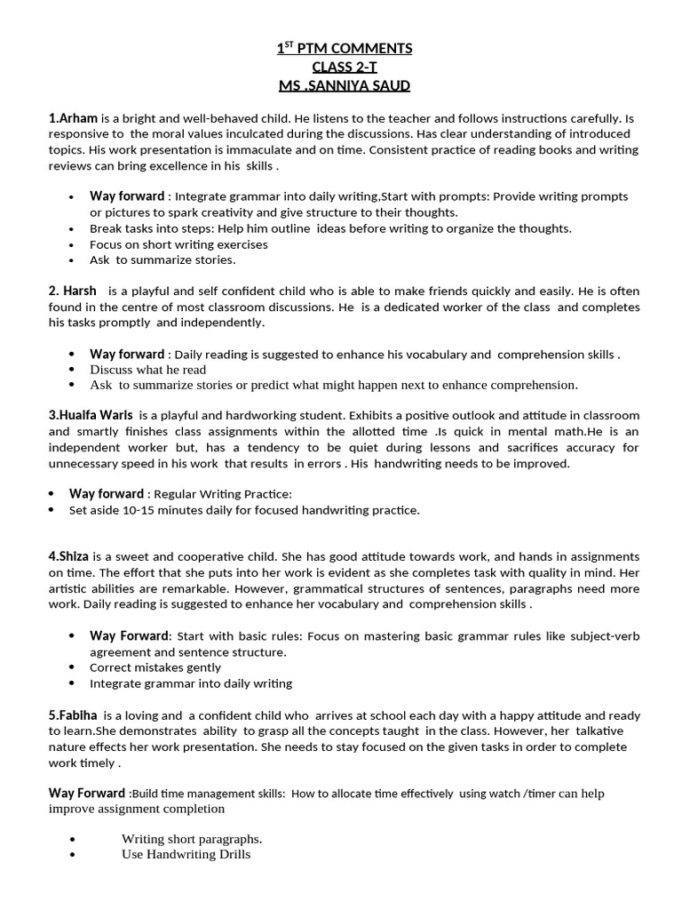 1st PTM Comments Way Forward 2024-25 | PDF | Reading Comprehension ...