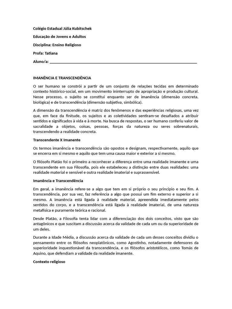 Imanência e Transcendência | PDF | Deus | Ciências Sociais