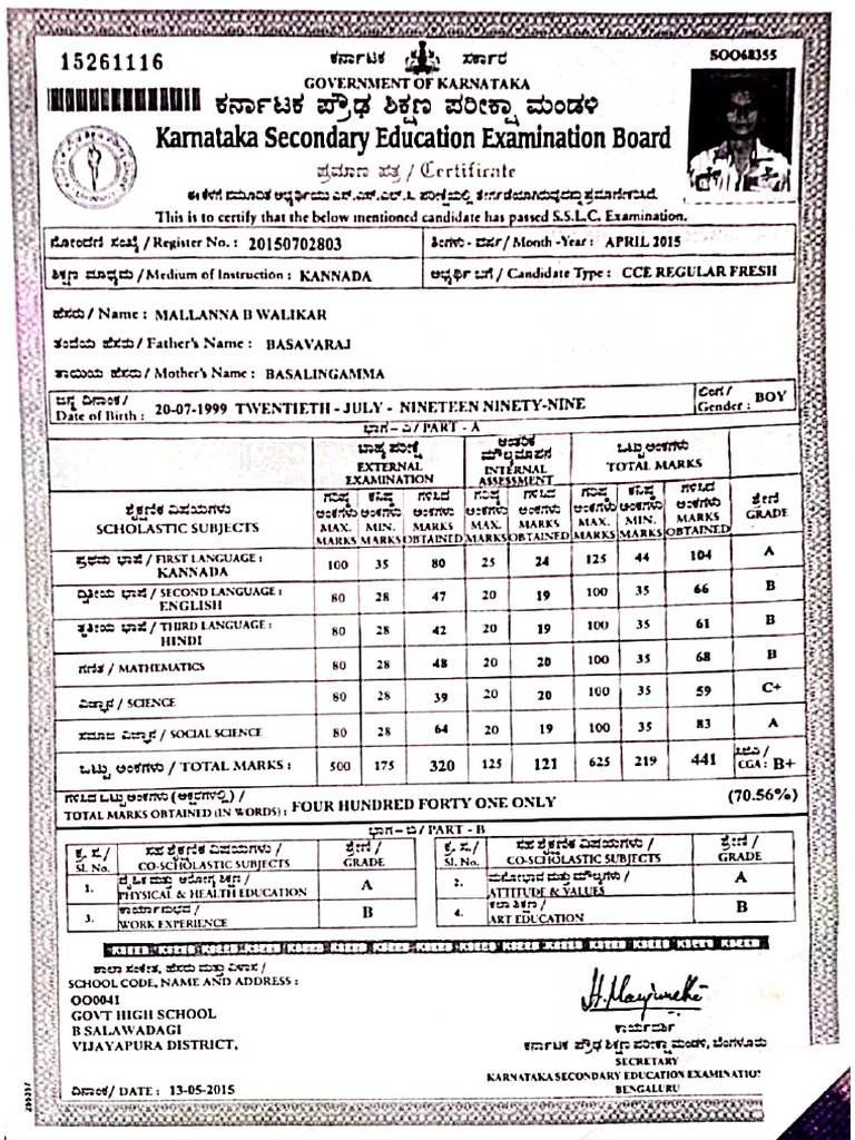 SSLC Marks Card | PDF