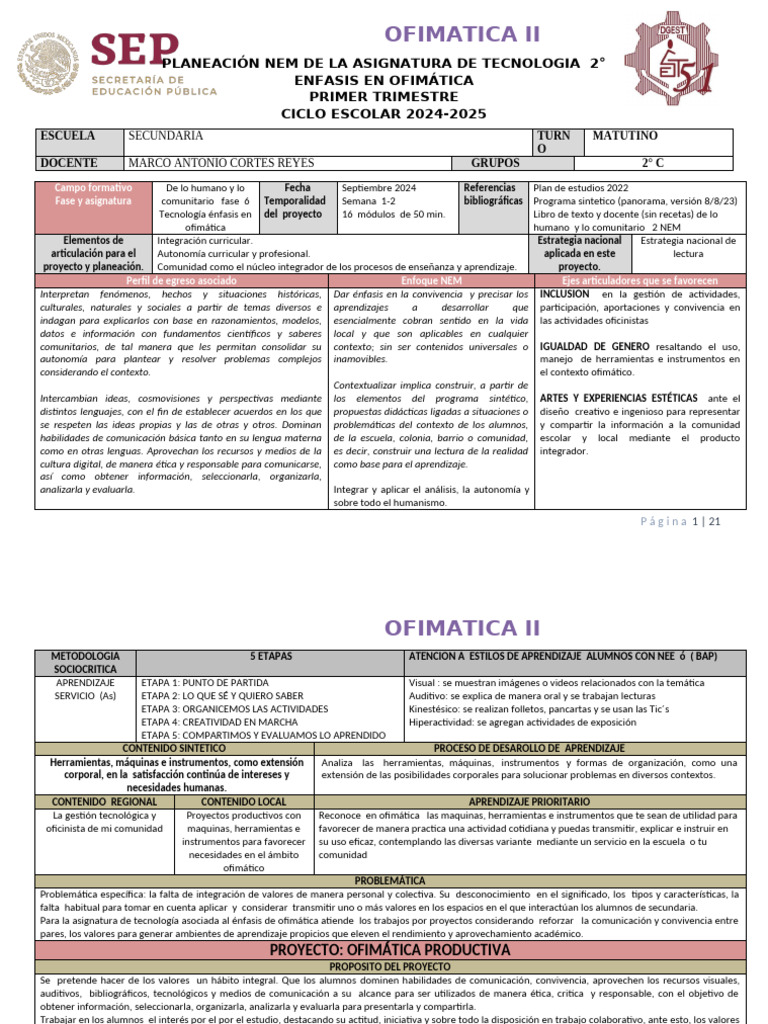 Tec Ofimatica 2° T1 Nem 2024-2025 | PDF
