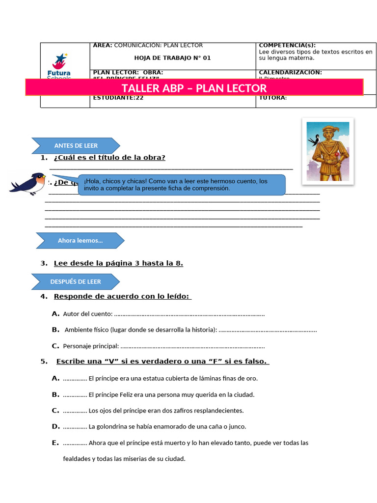 PLAN LECTOR_FICHA DE COMPRENSIÓN SEMANA 01_EL PRINCIPE FELIZ | PDF