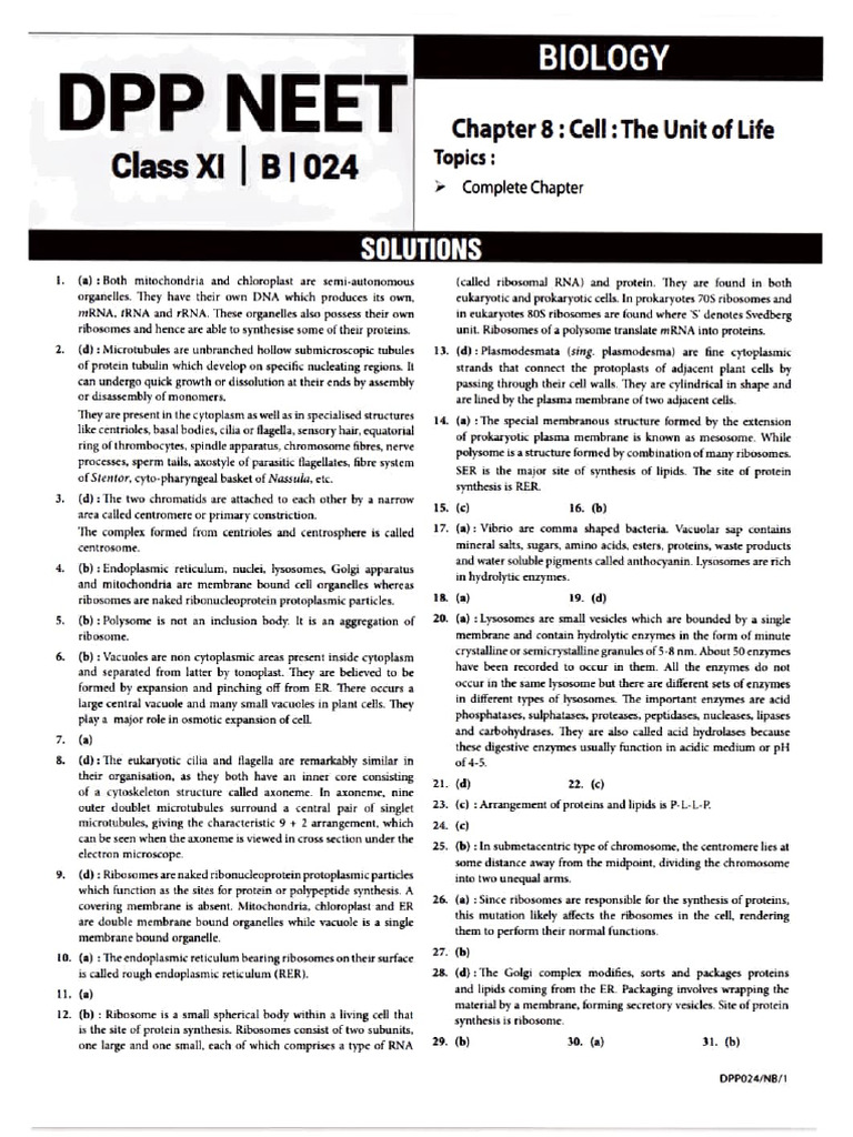 Cell The Unit of Life Neet Solution | PDF