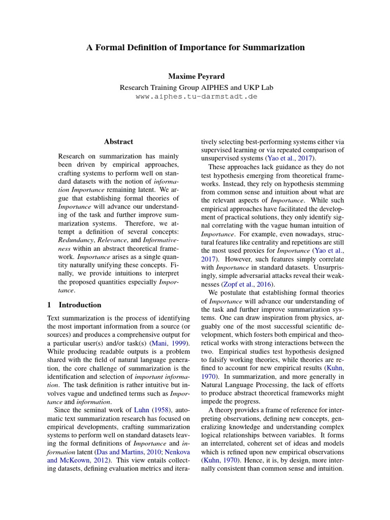 A Formal Definition of Importance For Summarization: Maxime Peyrard | PDF