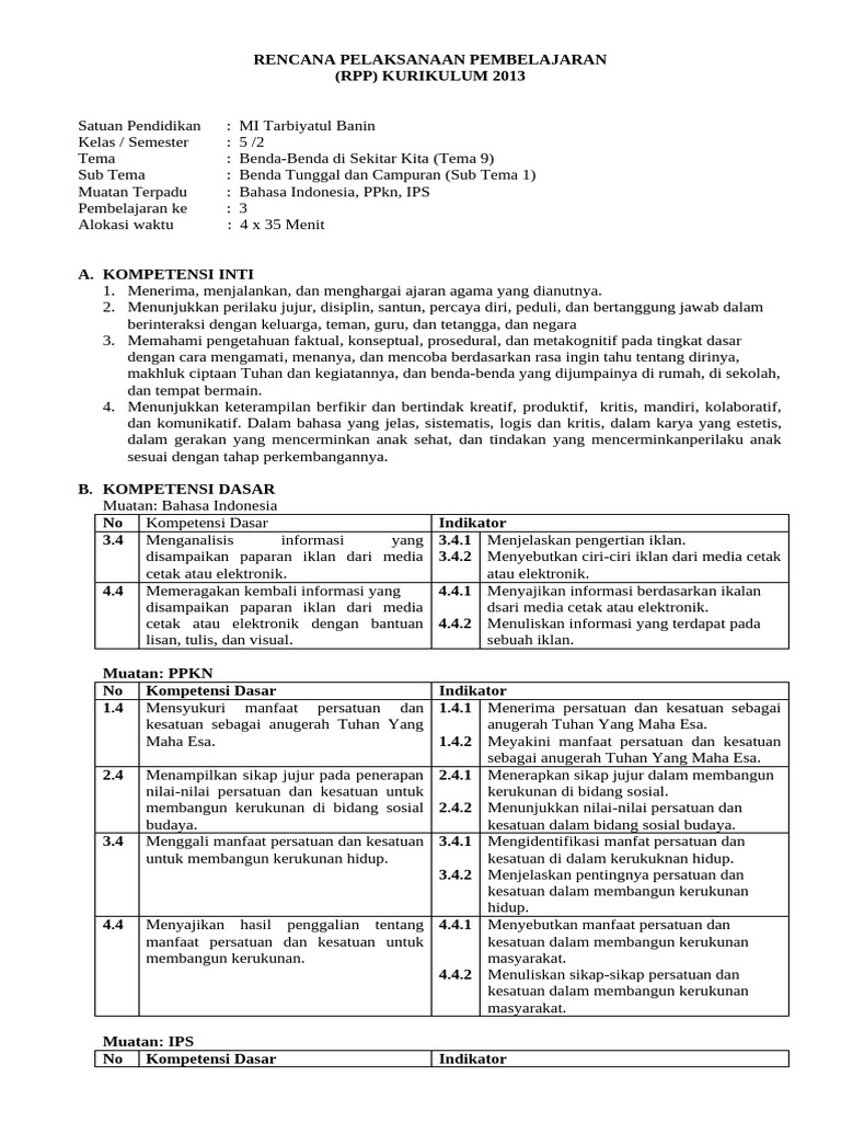RPP Tema 9 Subtema 1 Kelas 5 SD | PDF