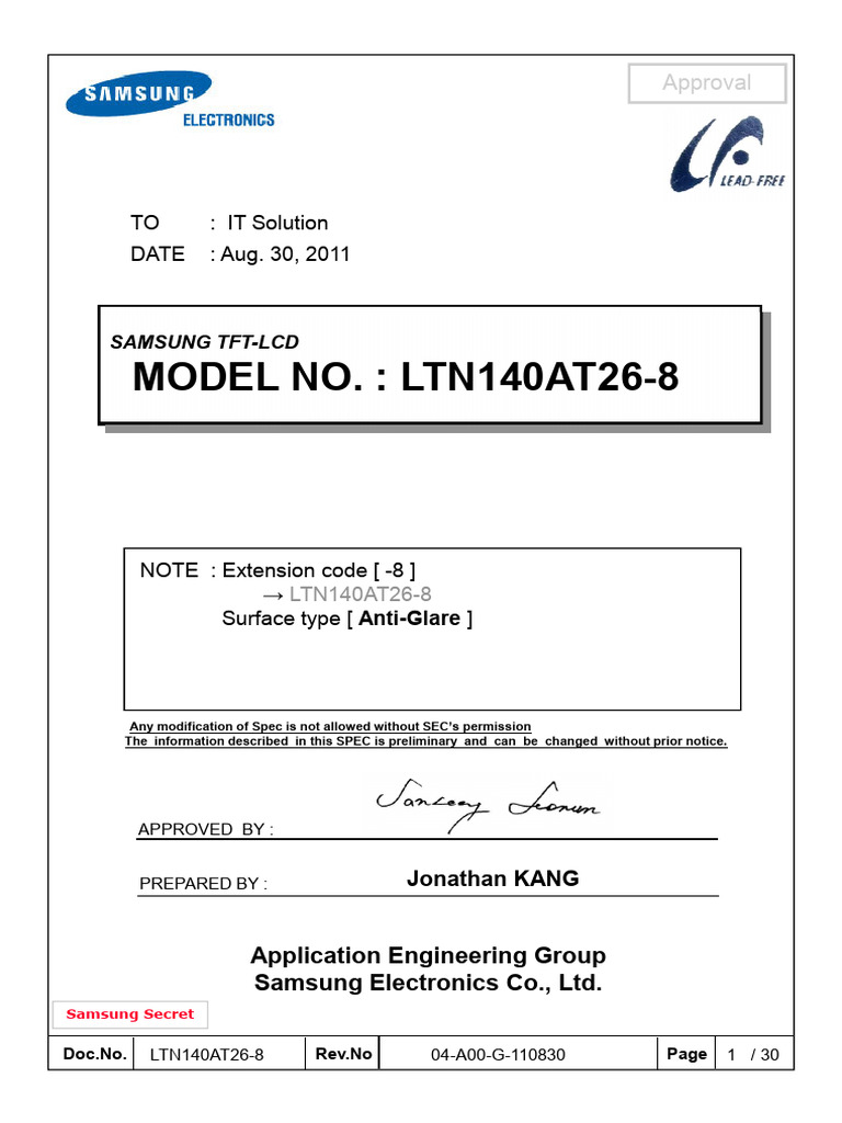 Panel SAMSUNG LTN140AT26-804 0 | PDF