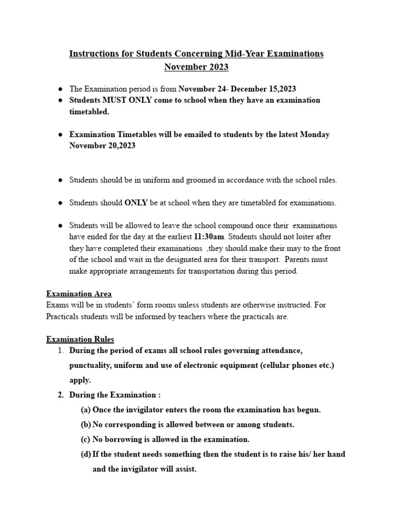 Student Instructions for Internal Examinations 2022 | PDF