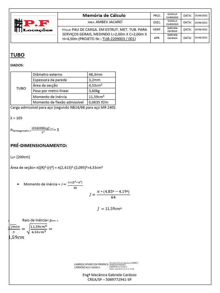 001-TUB-2209003 - PAU DE CARGA - L 2,00M X C 2,00M X H 4,50M - MEMORIAL ...