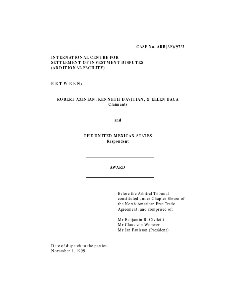 NAFTA Arbitration: Azinian v. Mexico | PDF | North American Free Trade ...