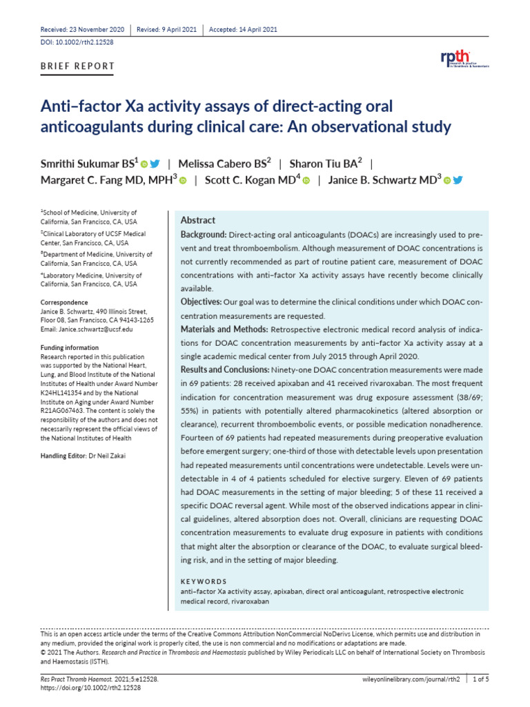 Anti-Factor Xa Activity Assays of DOAC RPTH2020 | PDF