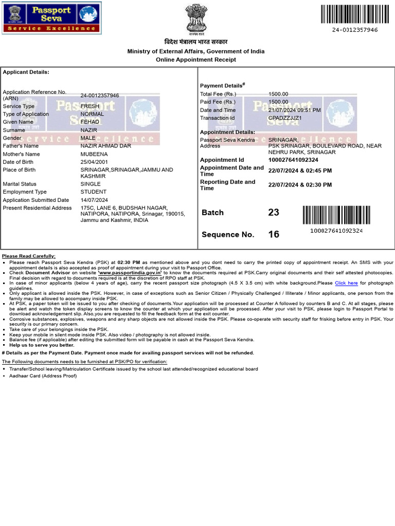 Appointment Receipt` | PDF