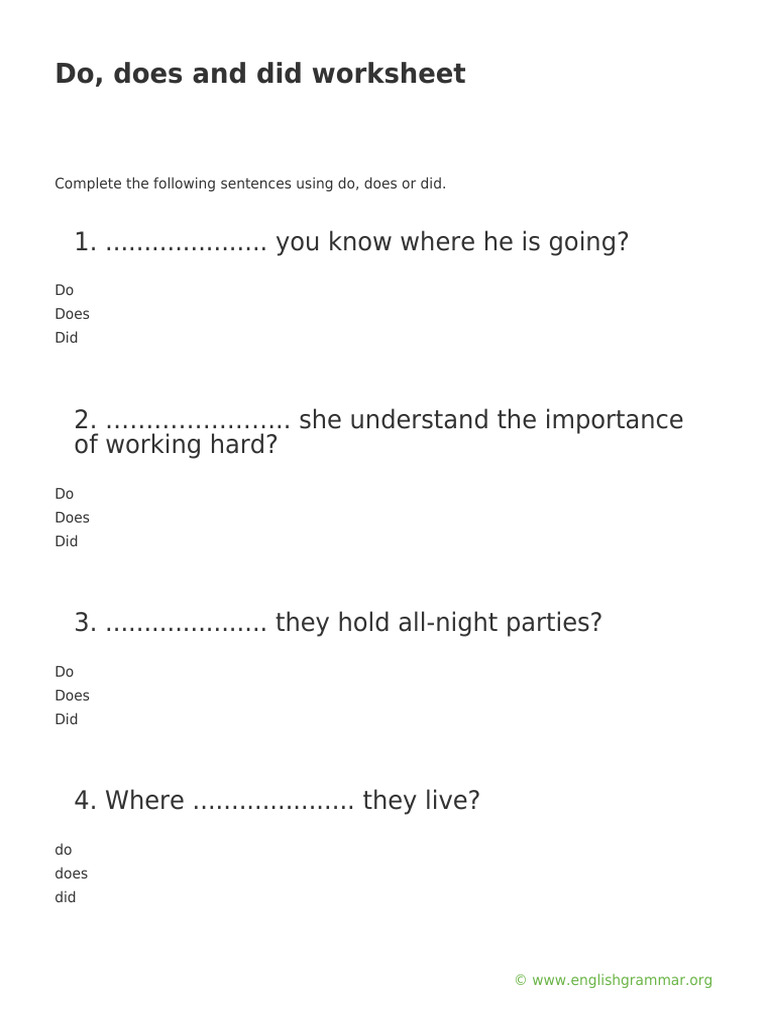 Do, Does and Did Worksheet | PDF