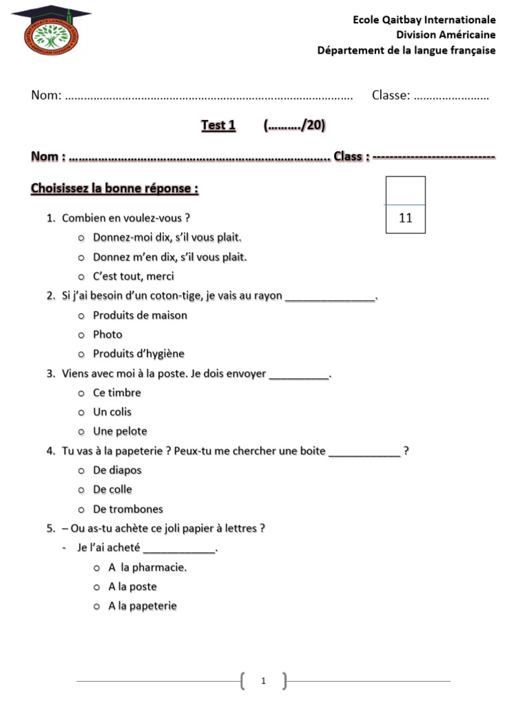 French Language Test for Students | PDF | Language Arts & Discipline ...