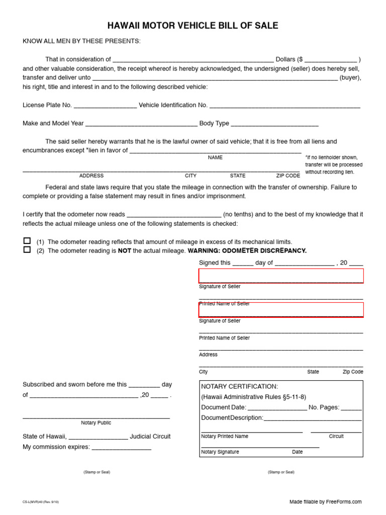 Hawaii Motor Vehicle Bill of Sale Form | PDF