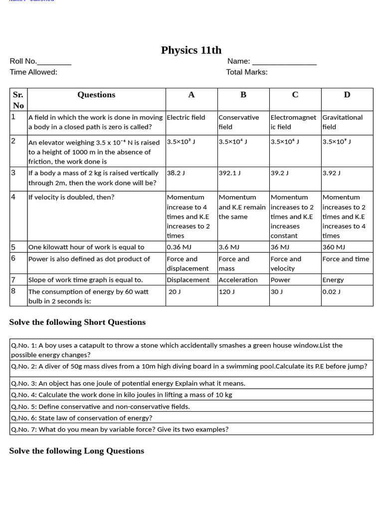 MJ Physics Test Paper | PDF | Force | Watt
