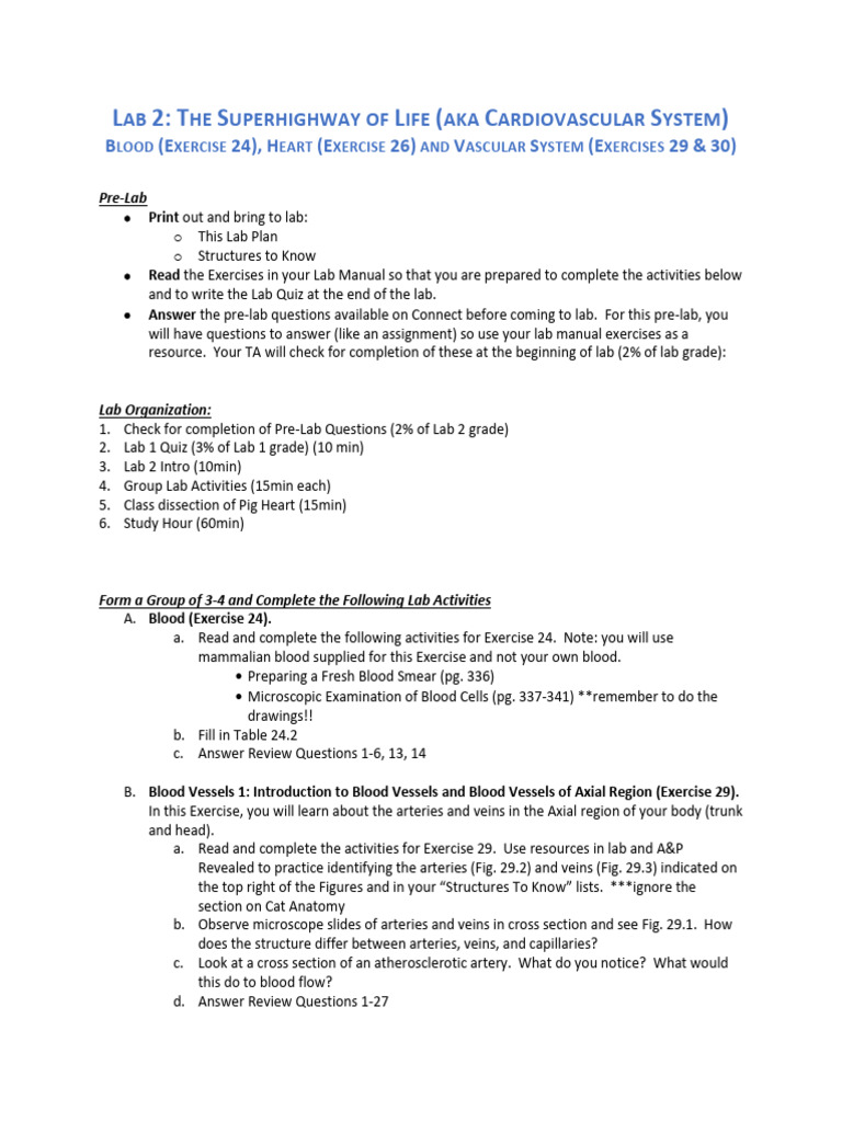 Lab 2 Plan - Heart and Vascular System FA2024 - FOR STUDENTS | PDF ...