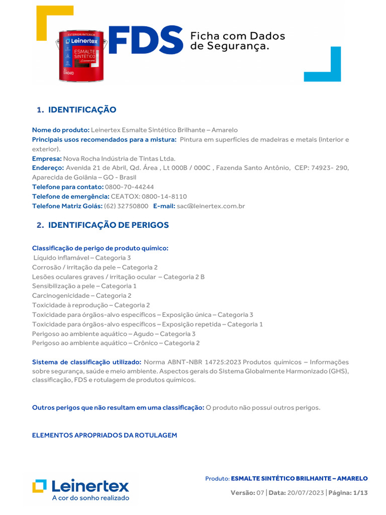 FDS Esmalte Sintético Brilhante Amarelo LEINERTEX | PDF