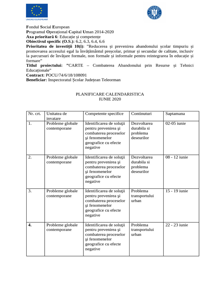 Planificare Iunie 2020 | PDF