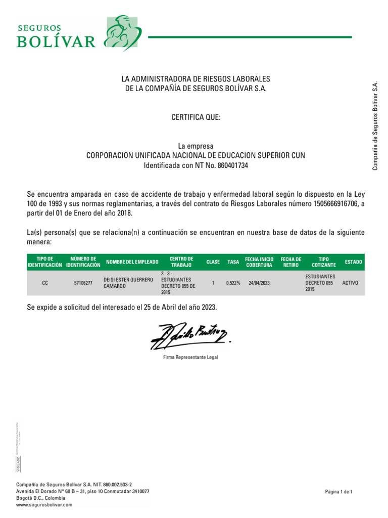 certificacion ARL | PDF