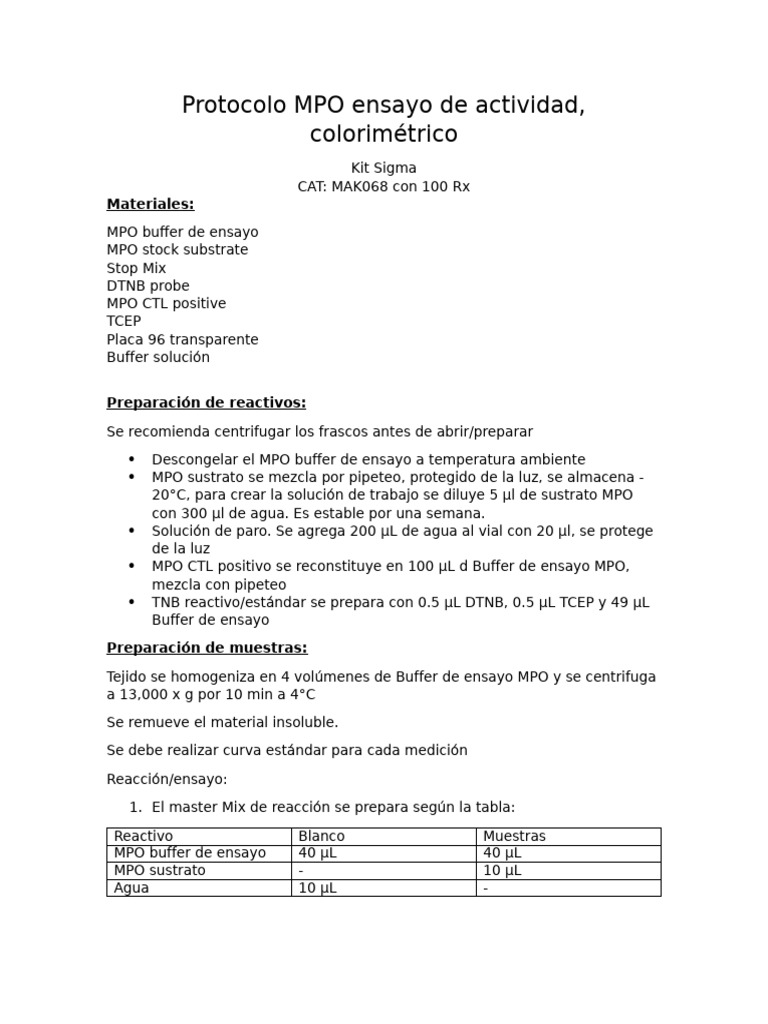 Protocolo ensayo de actividad MPO | PDF