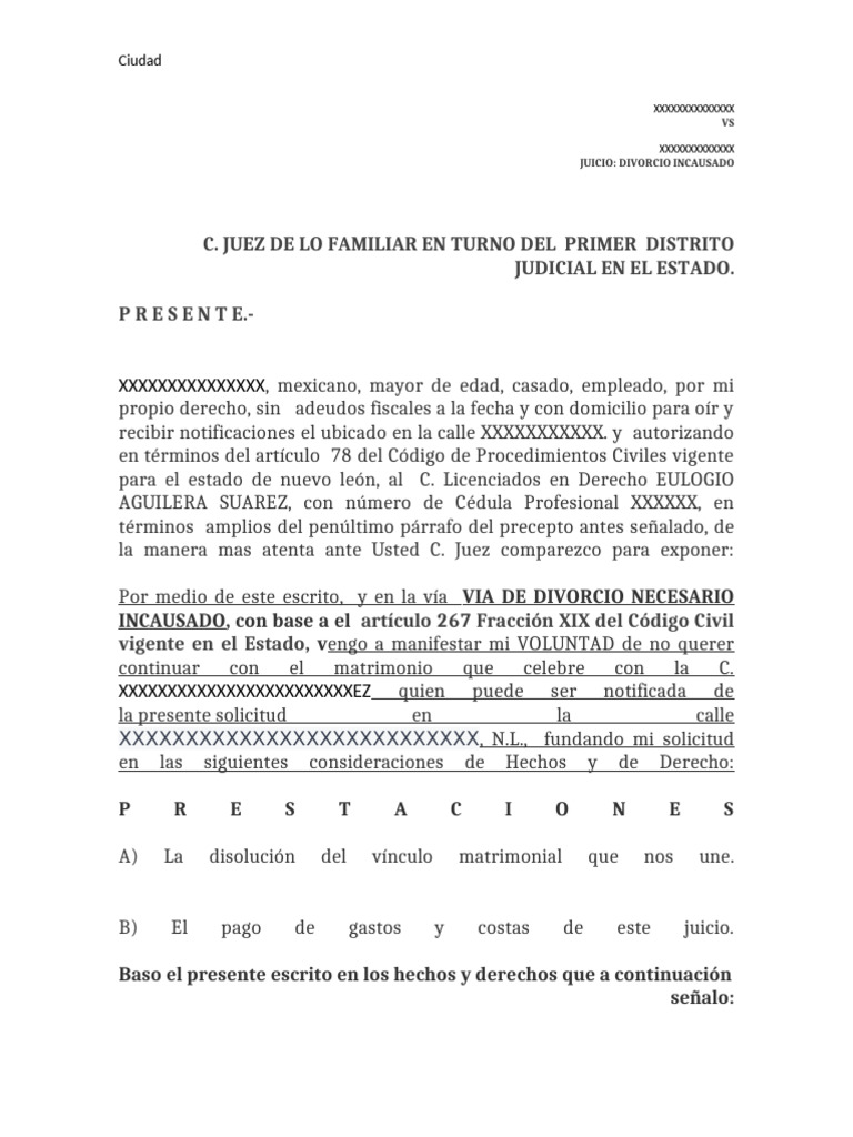 Machote de Divorcio Incausado | PDF