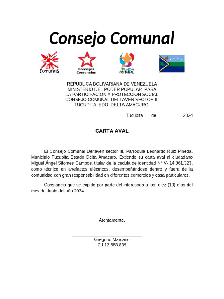 Consejo Comunal Deltaven III Carta Aval | PDF