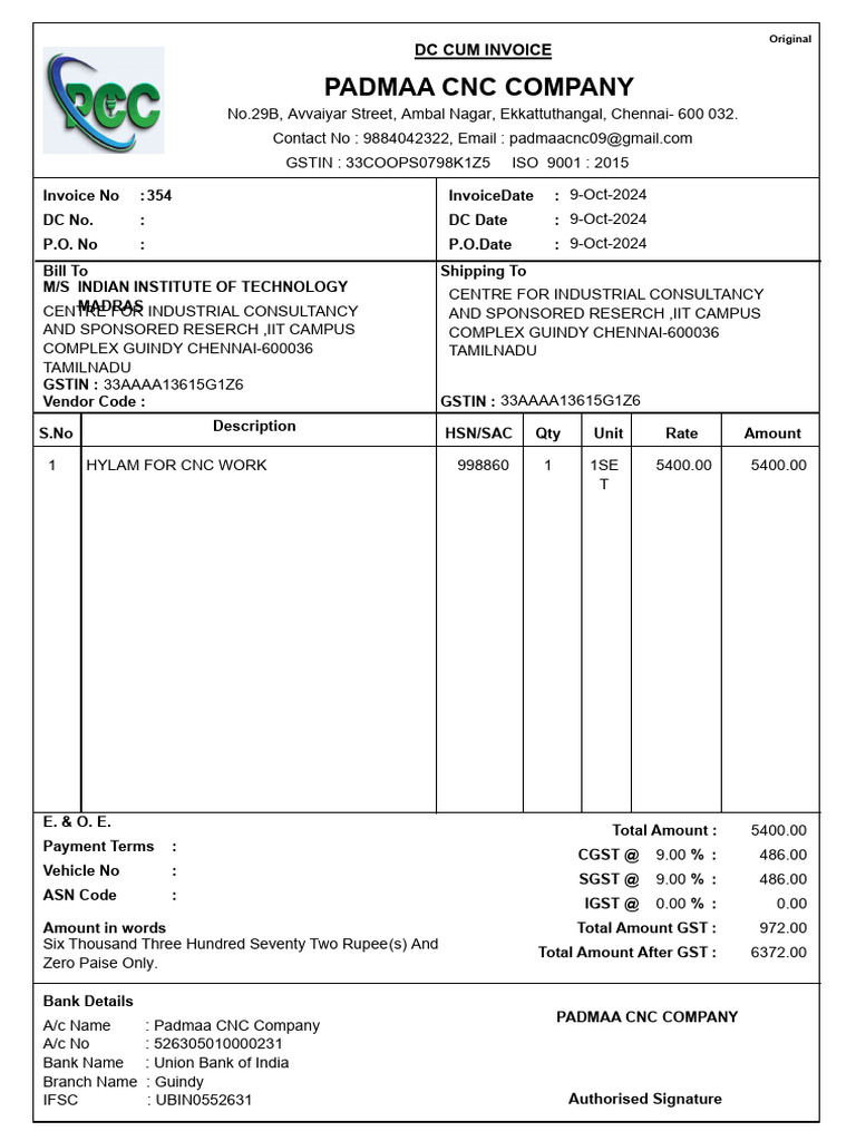 Padmaa CNC Company: DC Cum Invoice | PDF