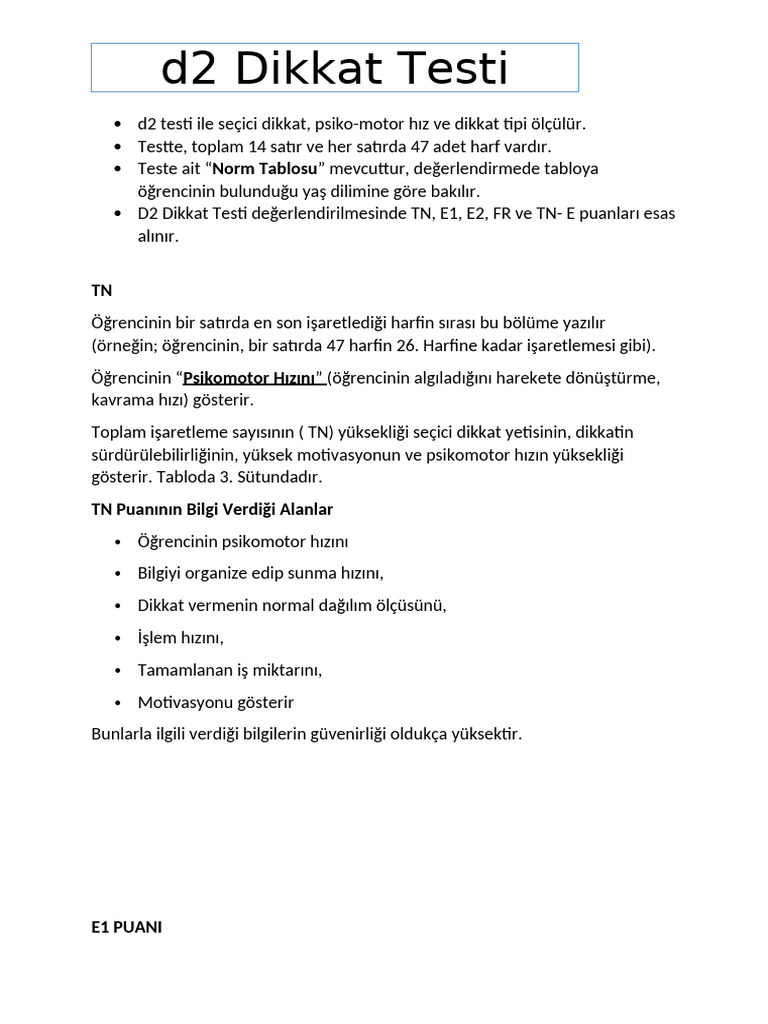 D2 Dikkat Testi | PDF