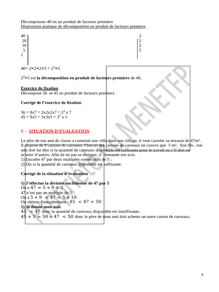 MATH 5eme Leçon 1 NOMBRE PREMIER FINALISEE | PDF