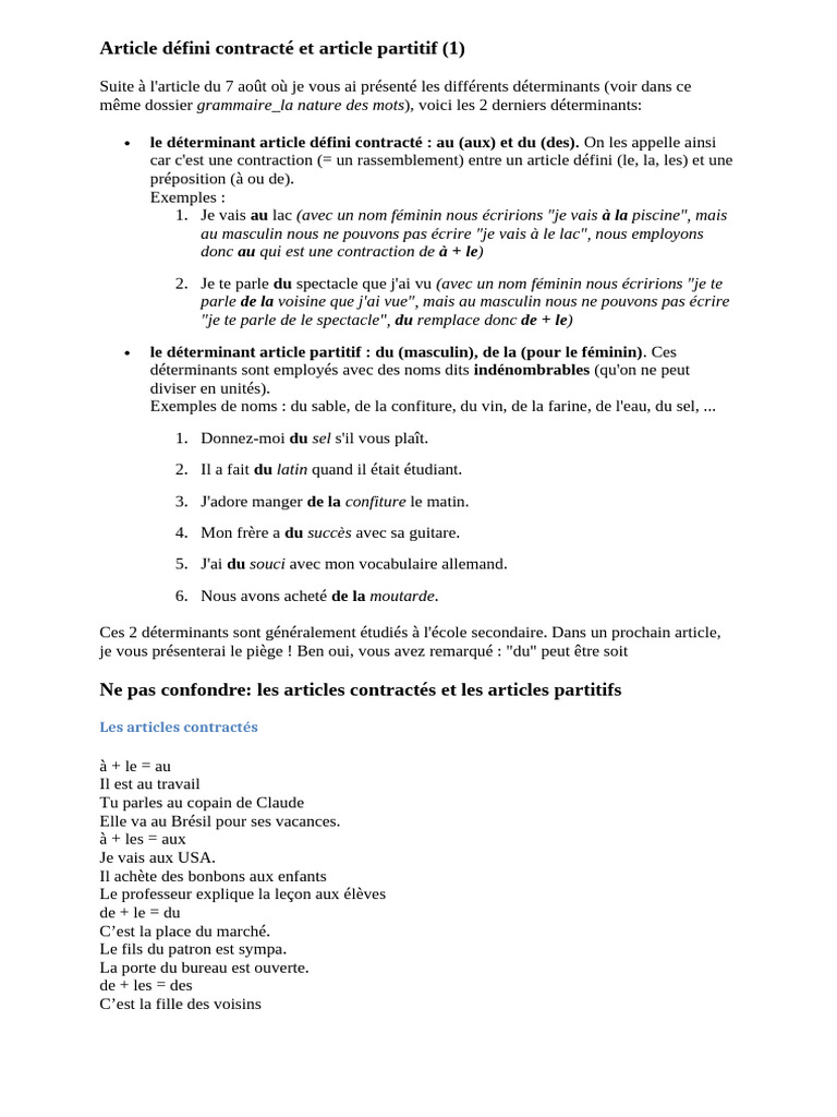 Article Défini Contracté Et Article Partitif | PDF
