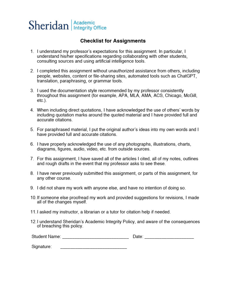 Assignment Checklist - Academic Integrity | PDF