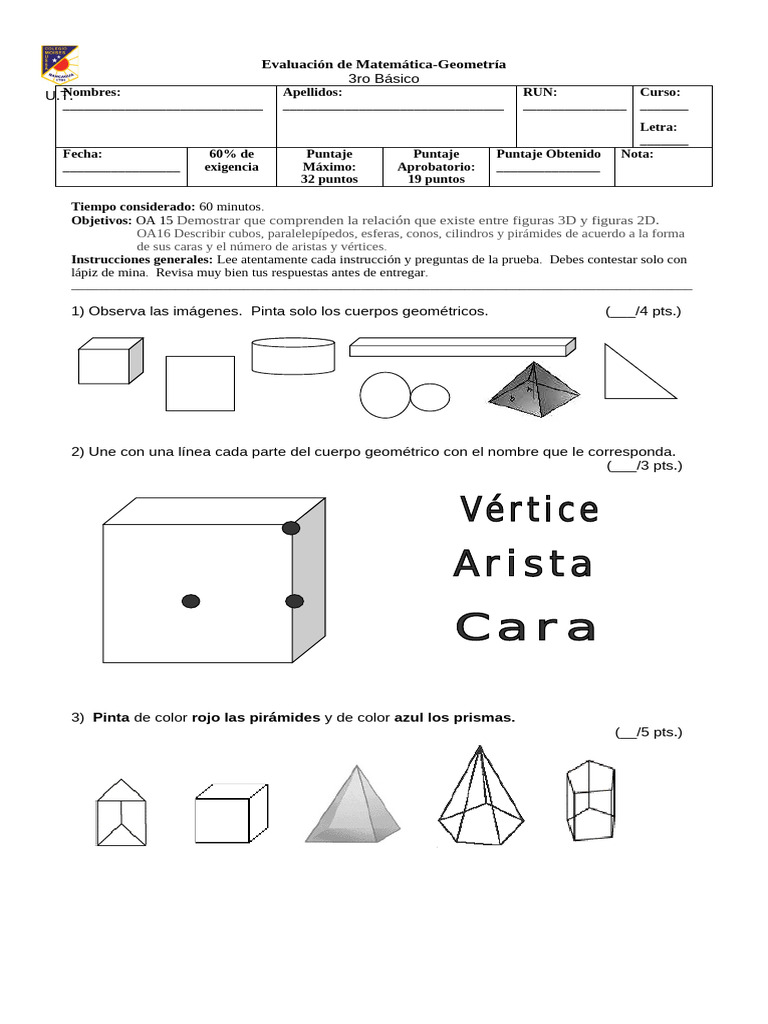 3ro A-B - PRUEBA Cuerpos Geométricos | PDF