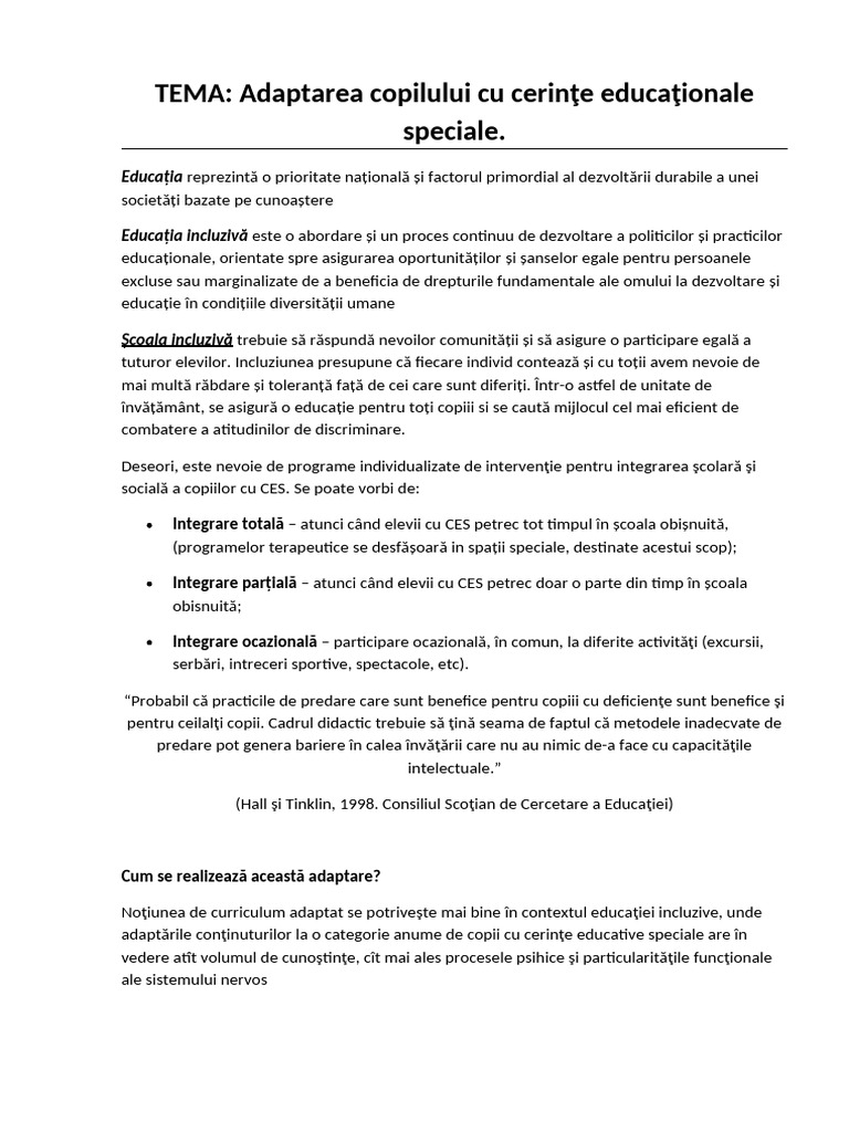 Adaptarea Copilului Cu CES | PDF