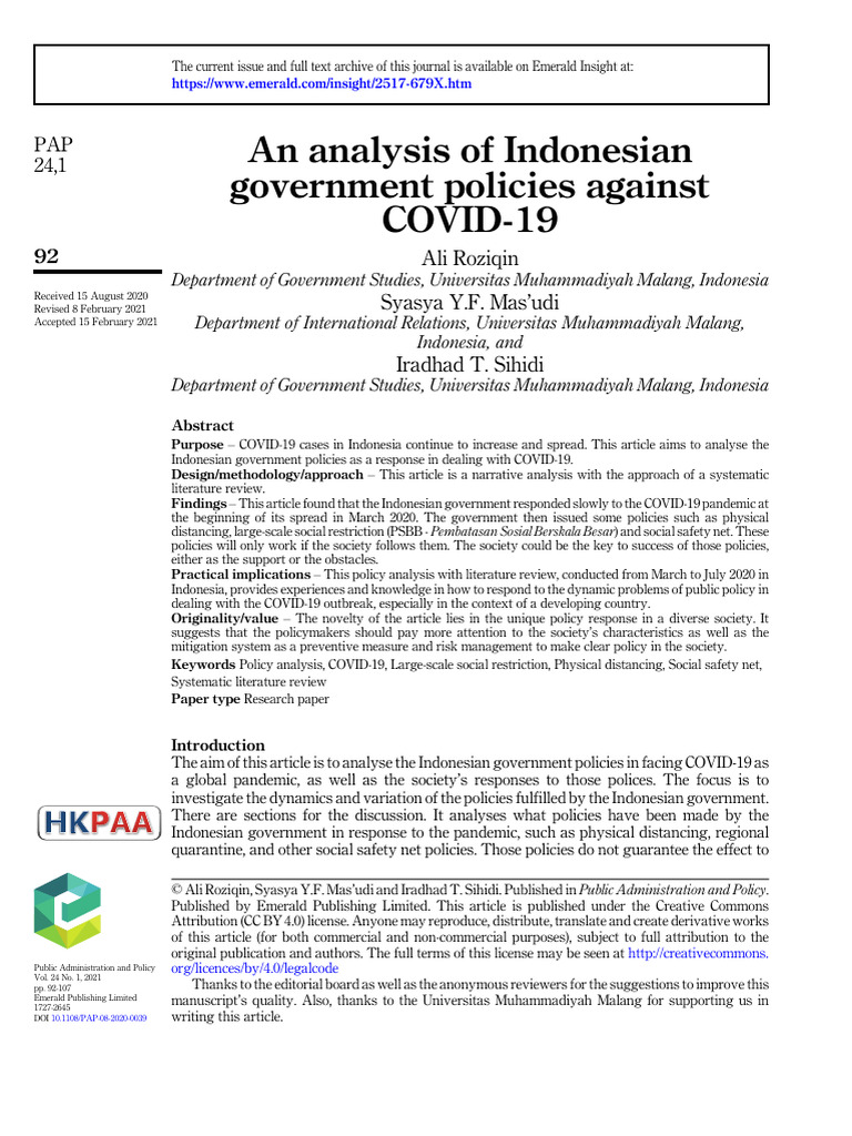 An Analysis of Indonesian Government Policies Against COVID-19 | PDF