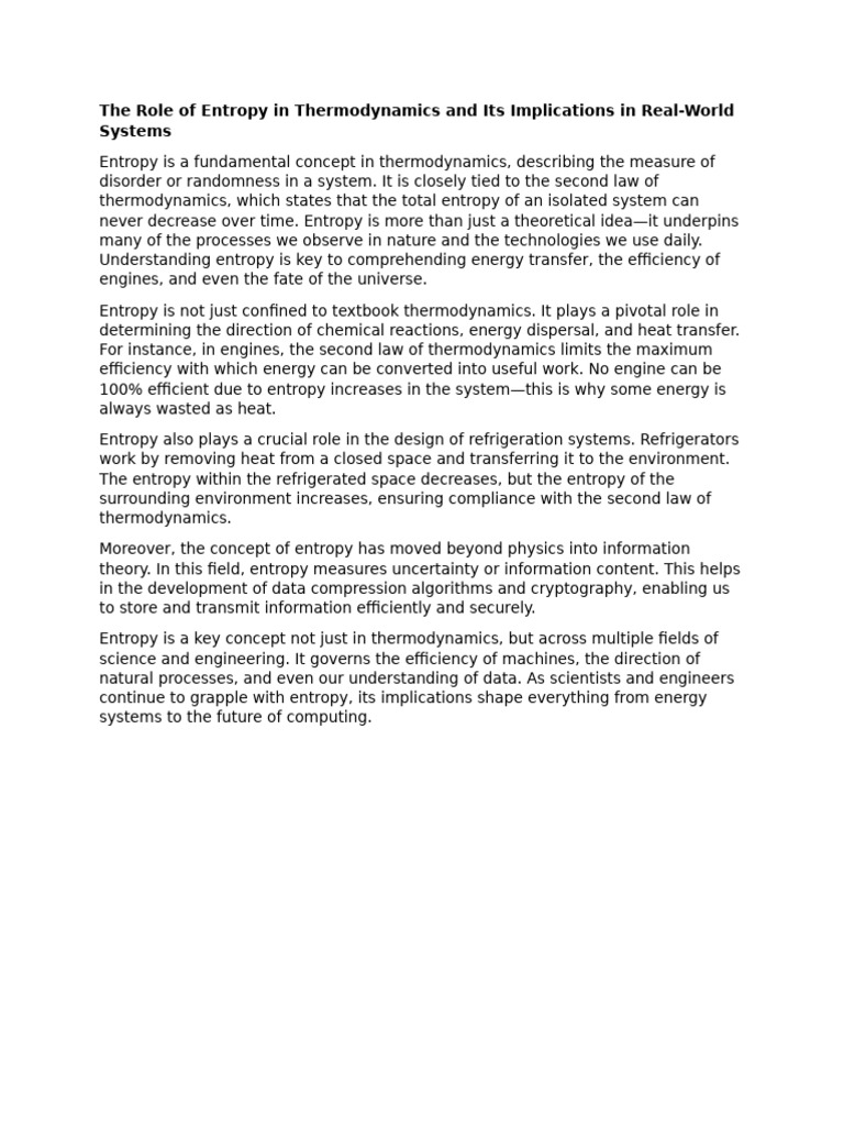 The Role of Entropy in Thermodynamics and Its Implications in Real-World Systems | PDF