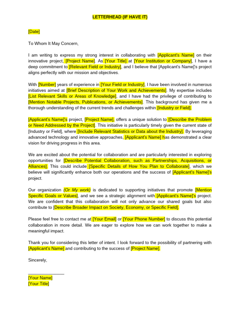 Letter of Intention Templete | PDF | Goal | Collaboration