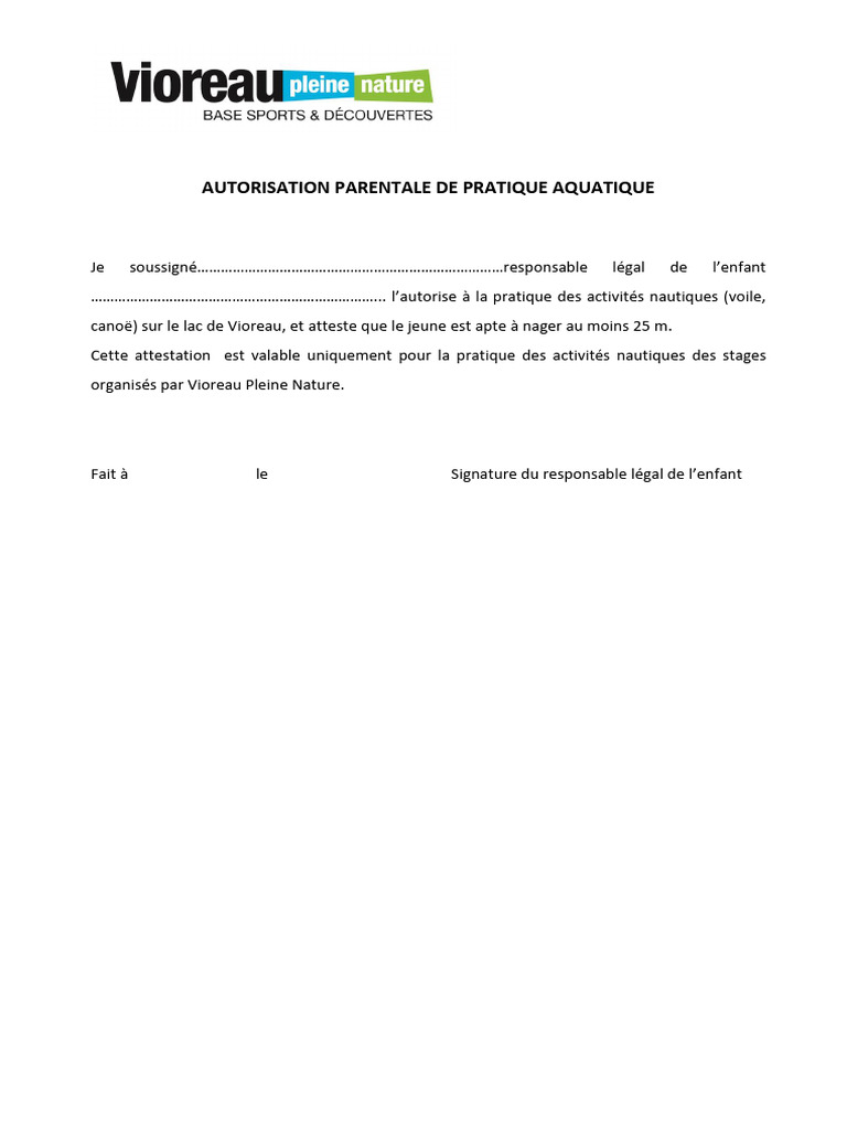 Autorisation Parentale de Pratique Aquatique 1 | PDF